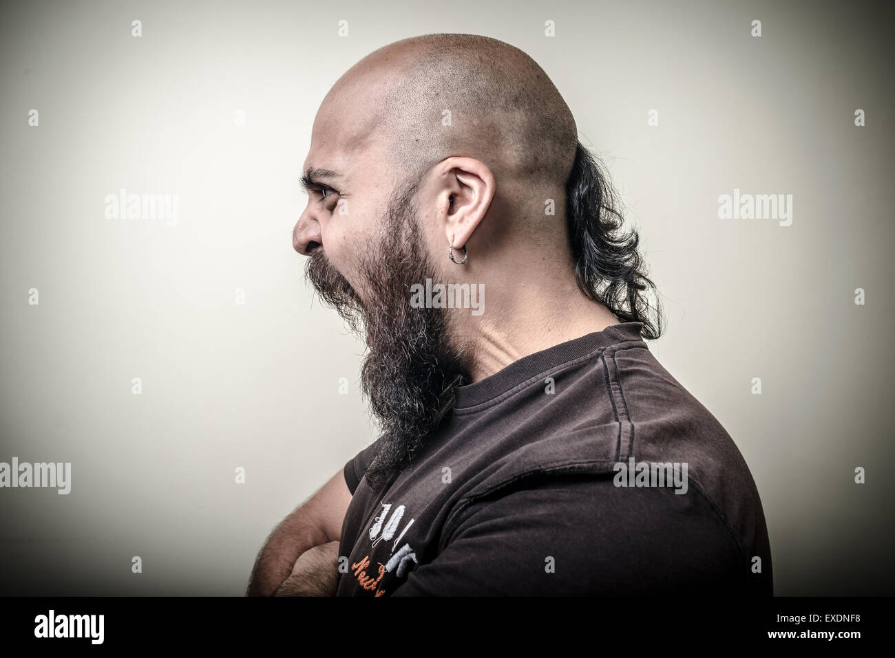 profile screaming angry bearded man on gray background Stock Photo - Alamy