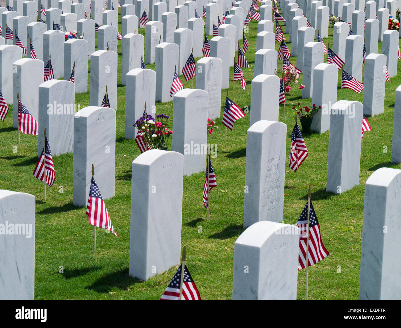 Rows of grave stones and American flags in Sarasota National Cemetery ...