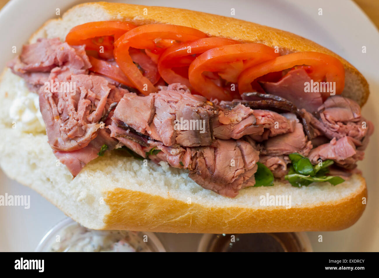 Roast beef on torpedo roll with tomato basil and fresh mozzarella ...