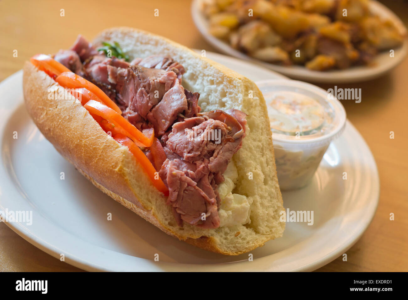 Roast beef on torpedo roll with tomato basil and fresh mozzarella ...