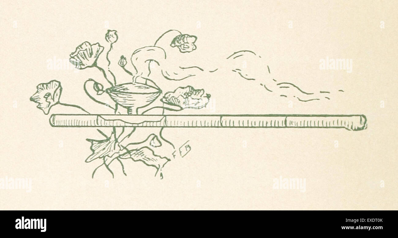 Illustration of a smoking opium pipe with poppy seed pods and Papaver ...