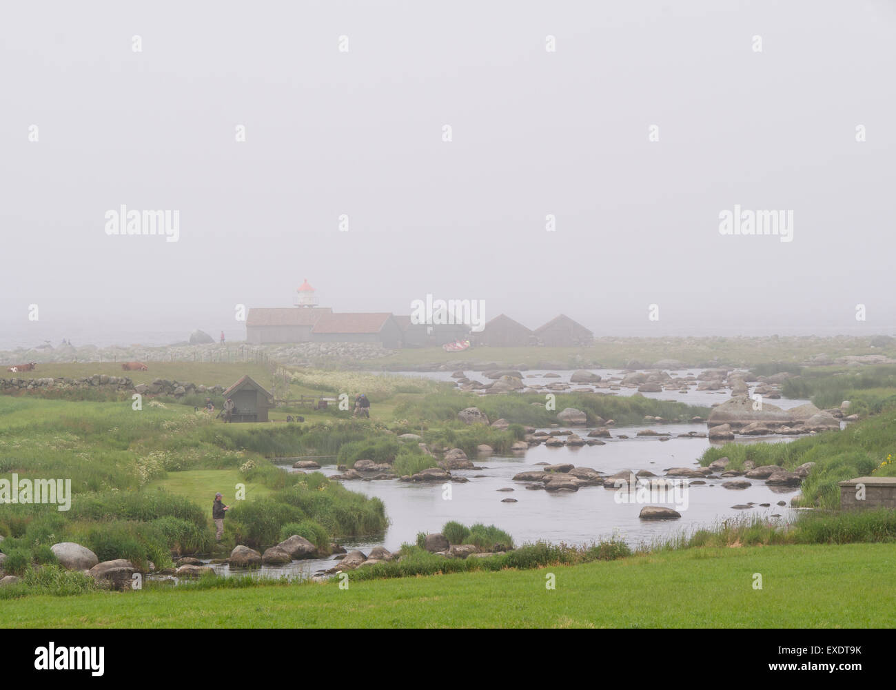 river Haa (Hå) meets the North Sea, flat agricultural landscape, fog ...