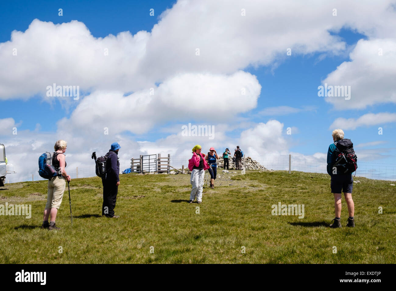 Ramblers group walking on Drum summit in Carneddau mountains of ...