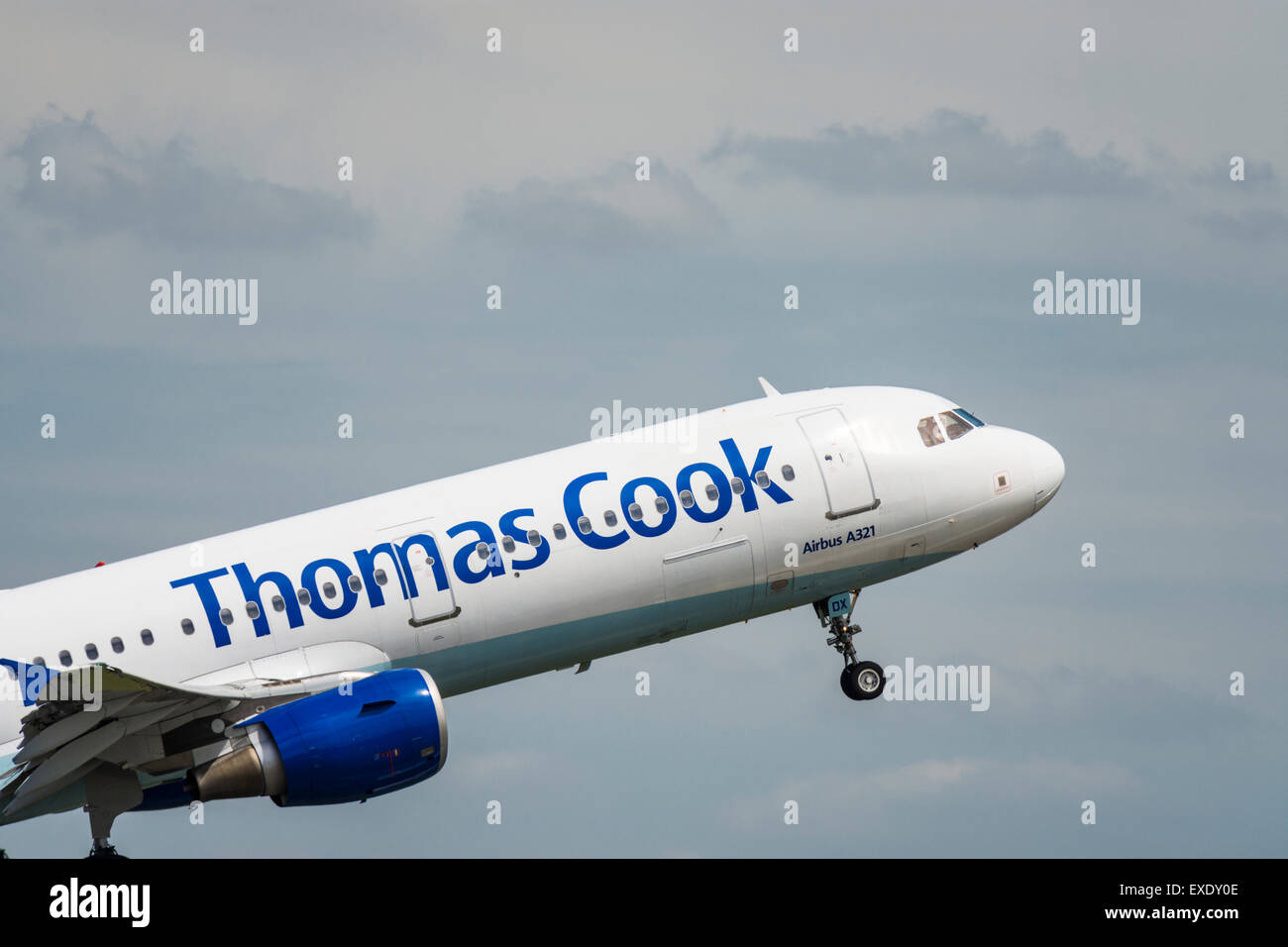 Side view of a Thomas Cook Airbus A321 aeroplane taking offfrom ...