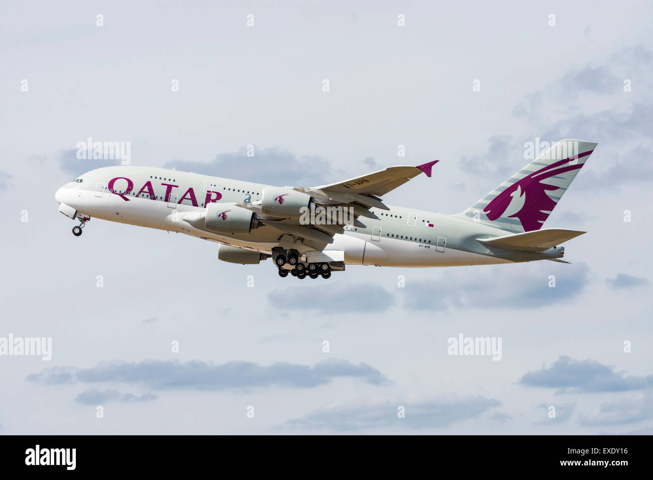 Side view of a Qatar Airways Airbus A380 aeroplane taking off from ...