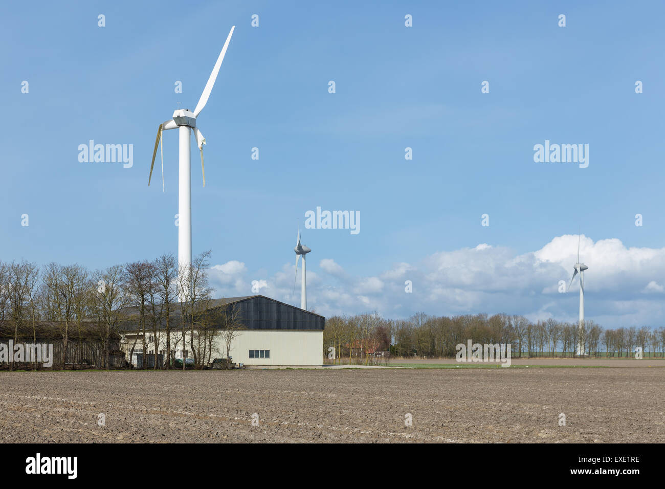 Farmland with damaged wind turbine after a heavy spring storm in the ...