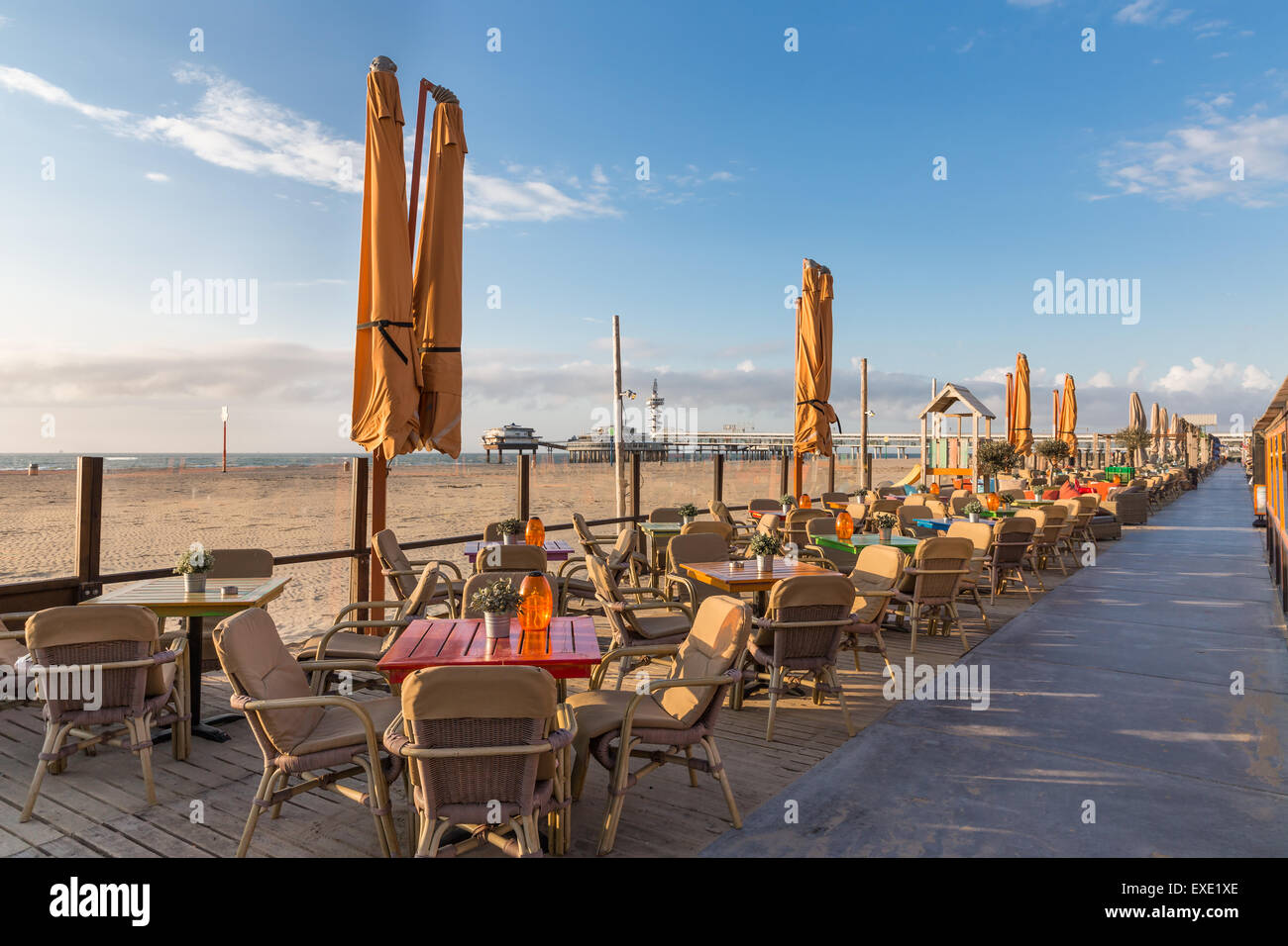 Terraces along the Dutch beach with a view at the famous Pier of ...
