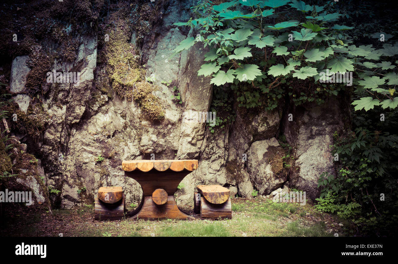 Charming wood picnic table near a cliff in Southeast Alaska Stock Photo ...