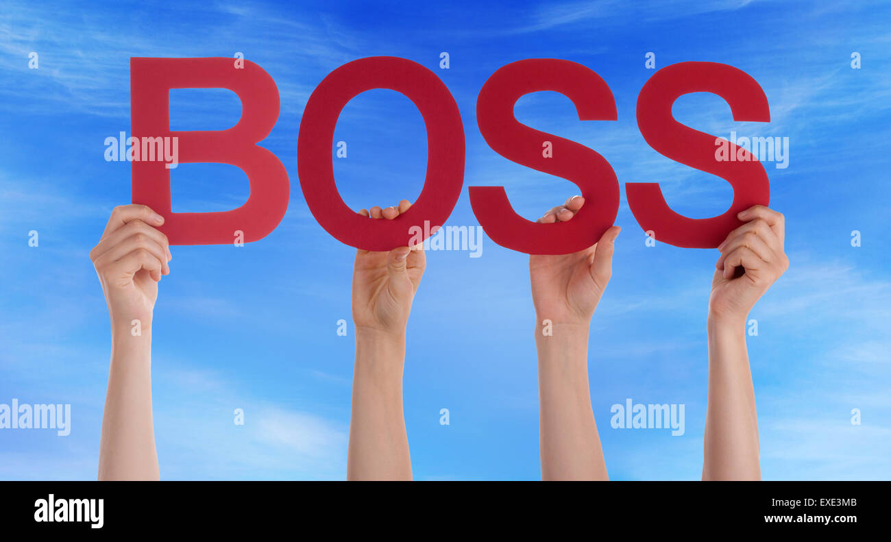 Hands Holding Red Straight Word Boss Blue Sky Stock Photo - Alamy