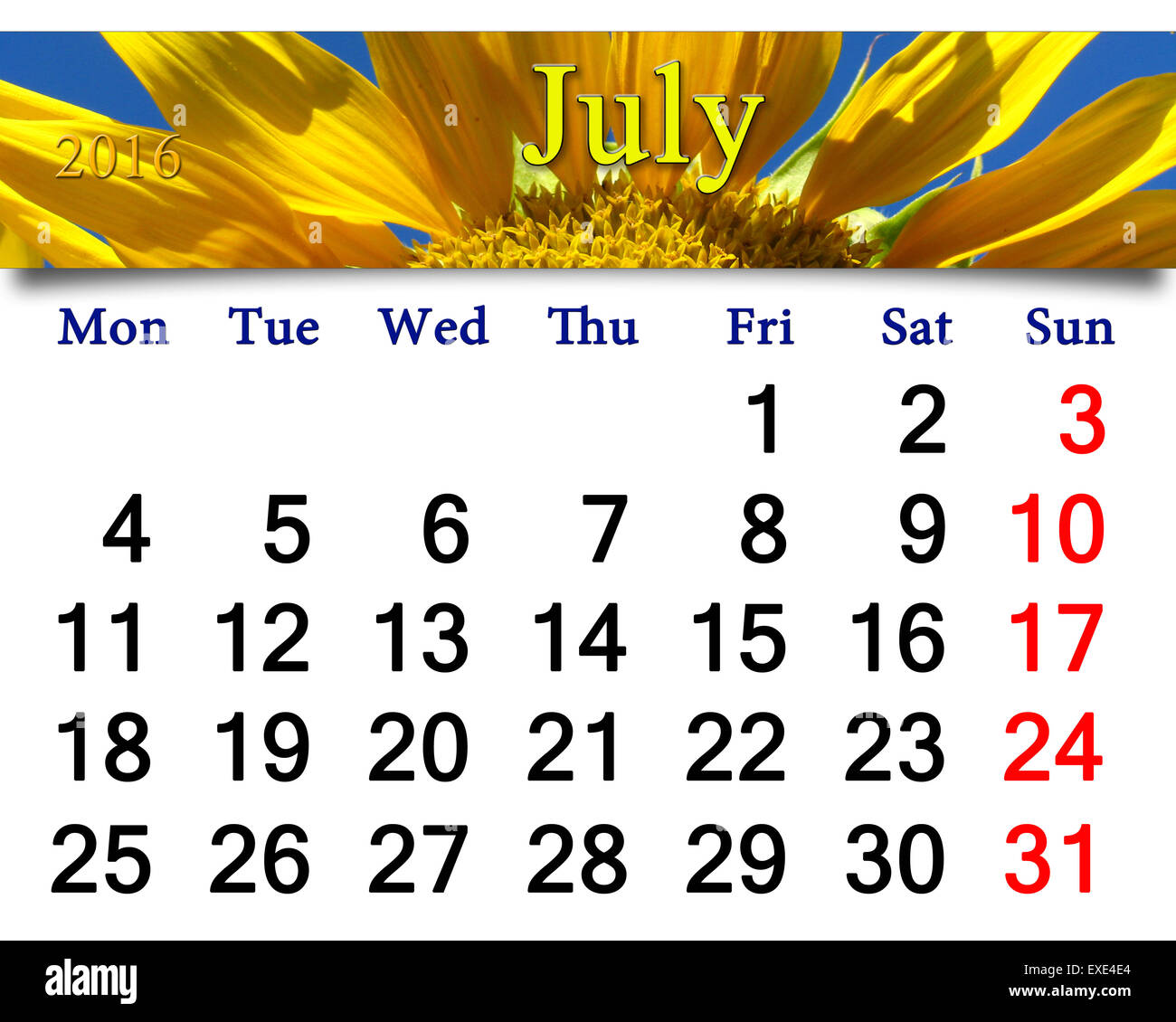 calendar for July 2016 with fragment of yellow sunflower Stock Photo ...