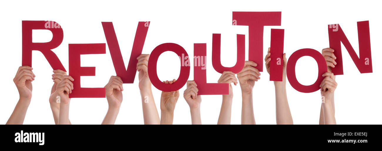 Many People Hands Holding Red Word Revolution Stock Photo - Alamy