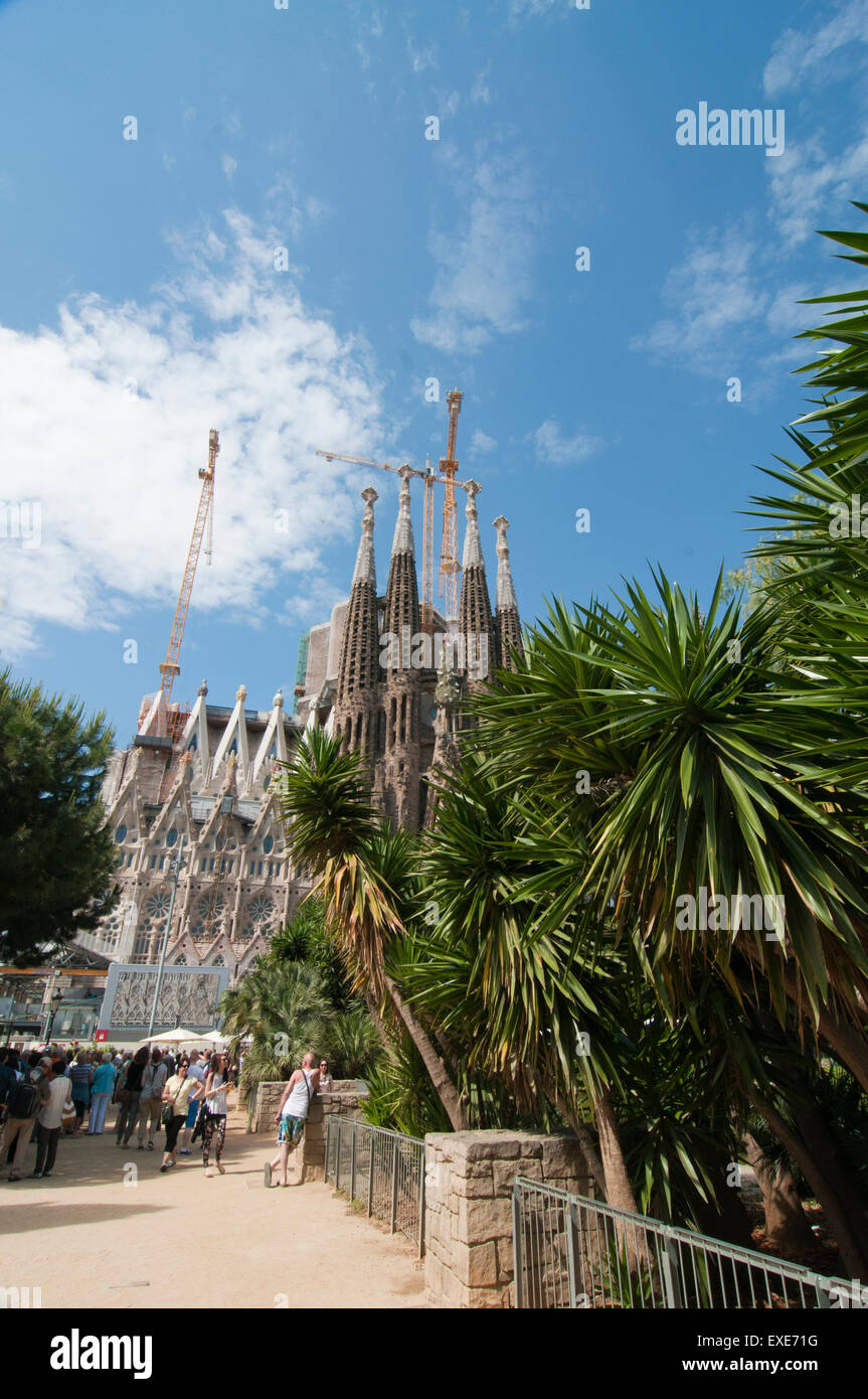 Looking across Placa de Gaudi gardens towards La Sagrada Familia Stock ...