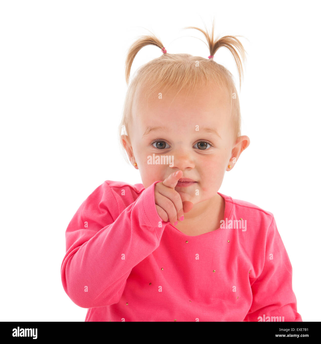 Portrait pointing toddler girl isolated over white background Stock ...