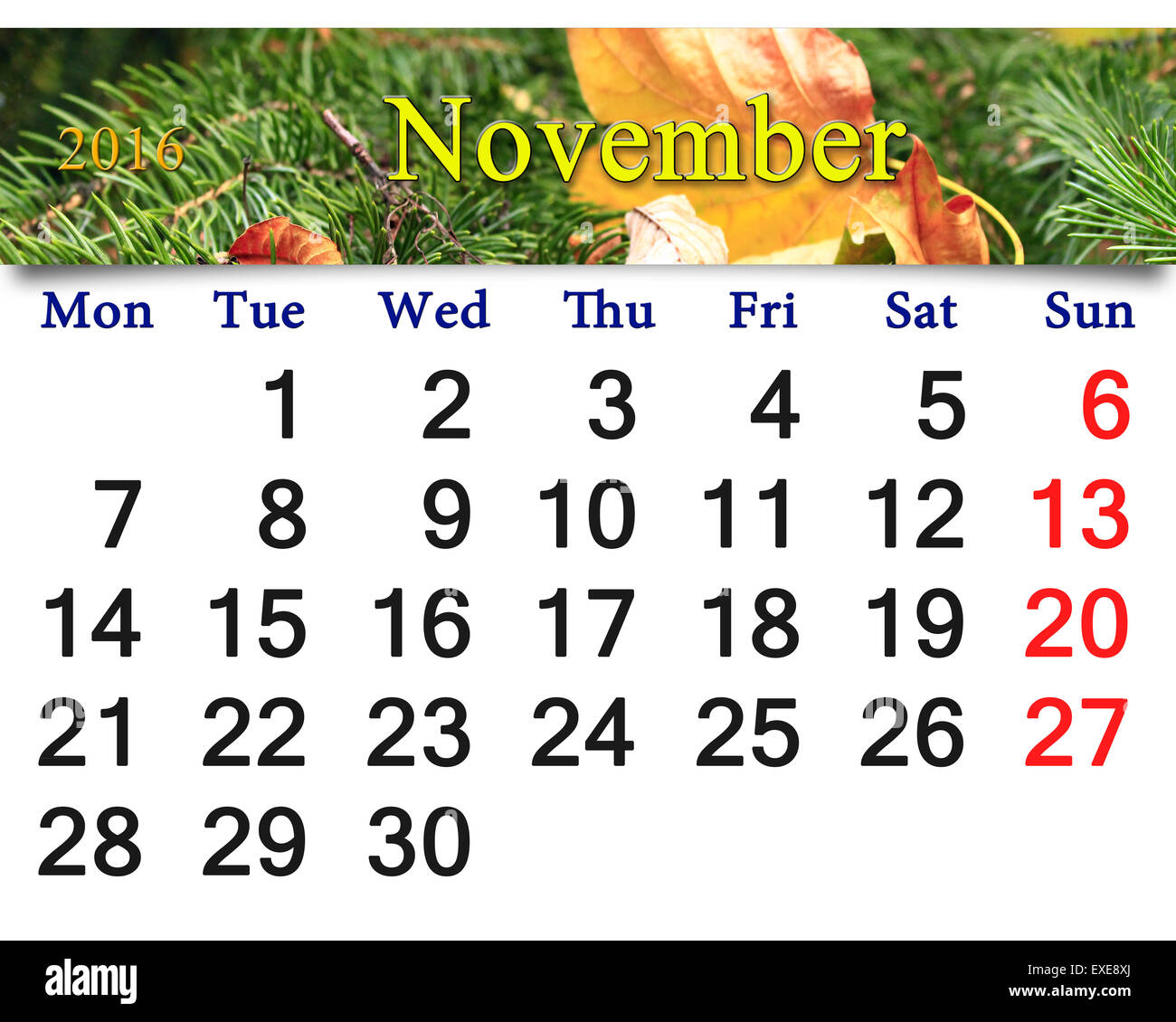 calendar for November 2016 with the ribbon of yellow dry leaf on the ...
