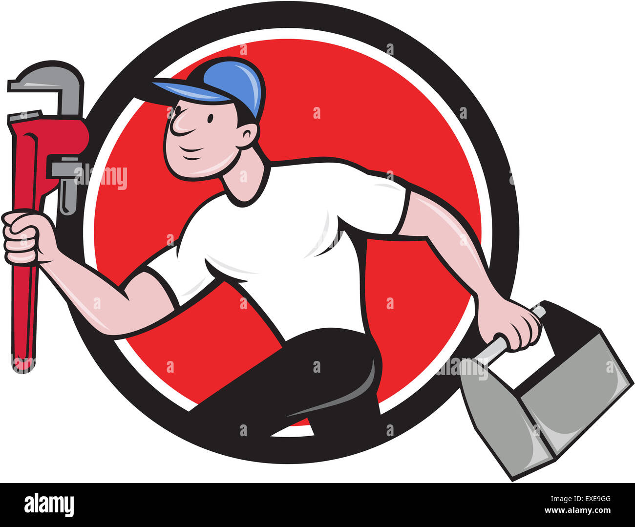Illustration of a plumber wearing hat running carrying adjustable ...