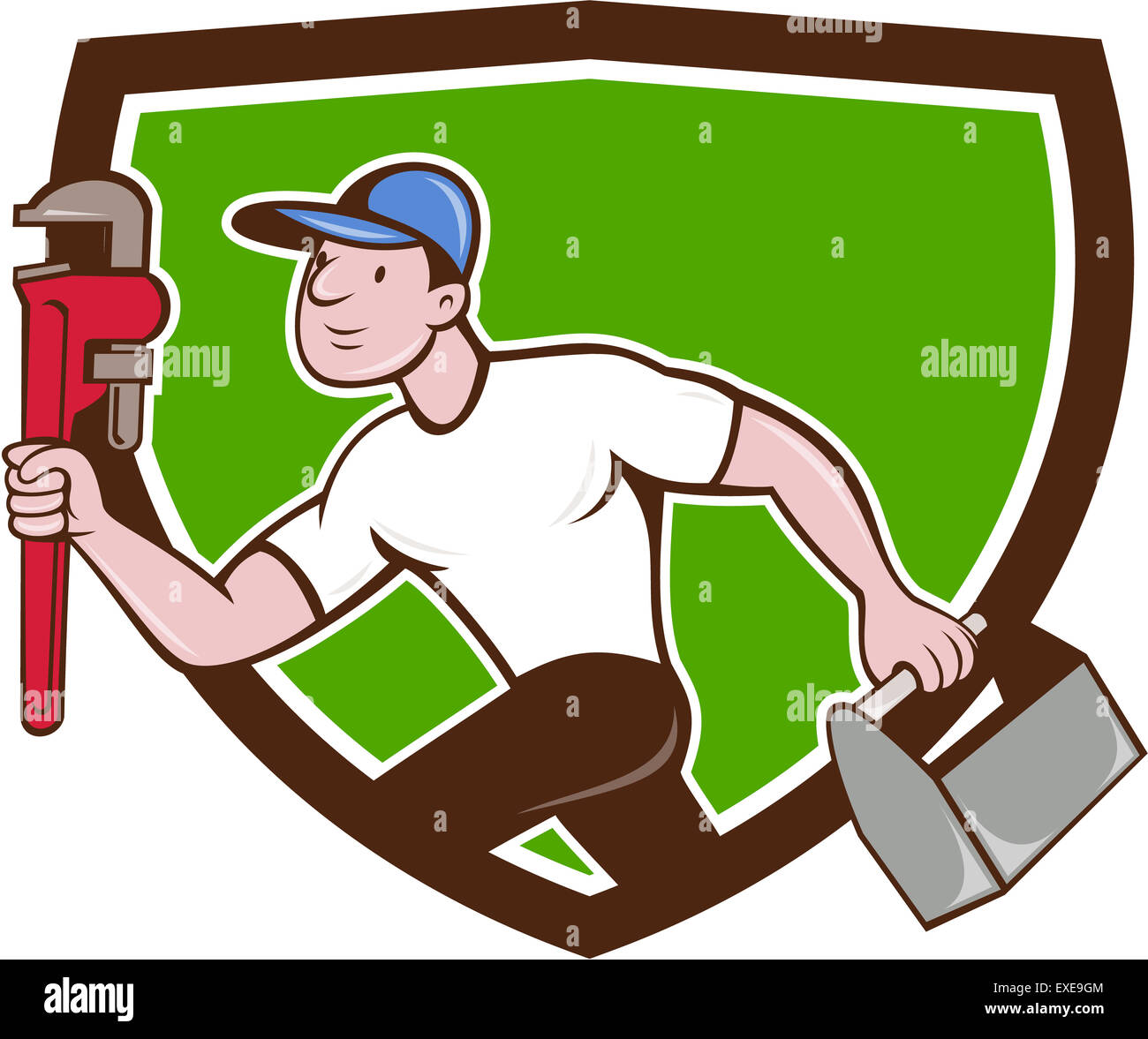 Illustration of a plumber wearing hat running carrying adjustable ...