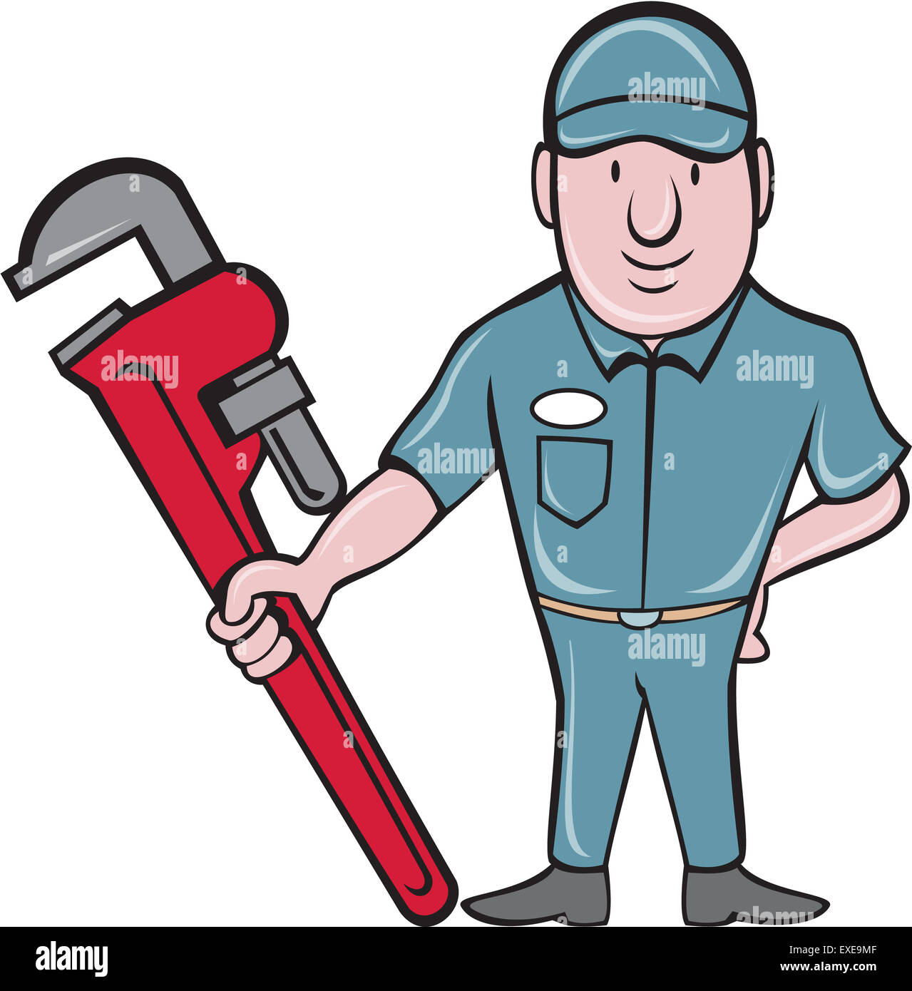 Illustration of a plumber wearing hat standing in attention holding a ...