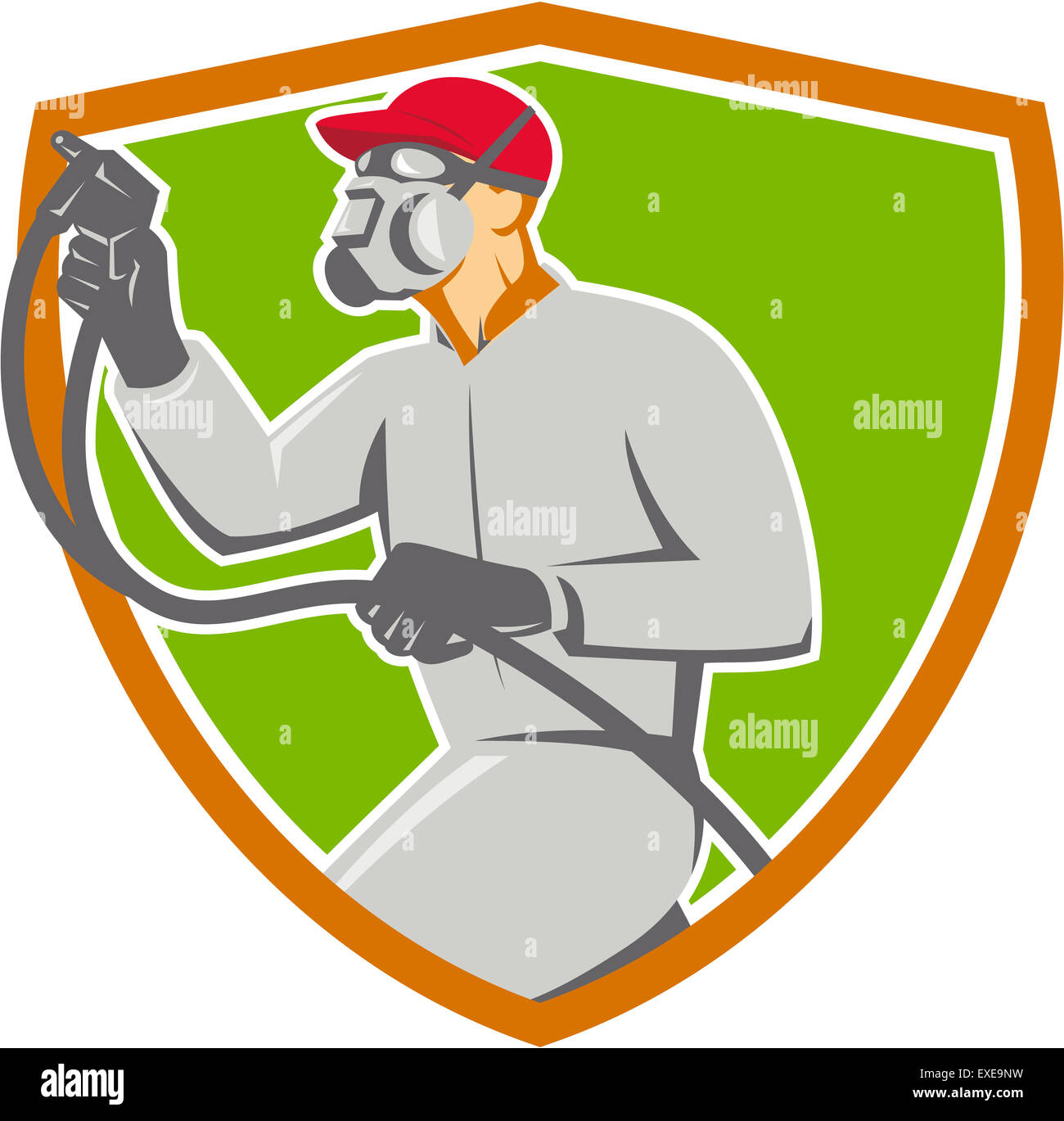 Illustration of car painter wearing face mask holding paint spray gun ...