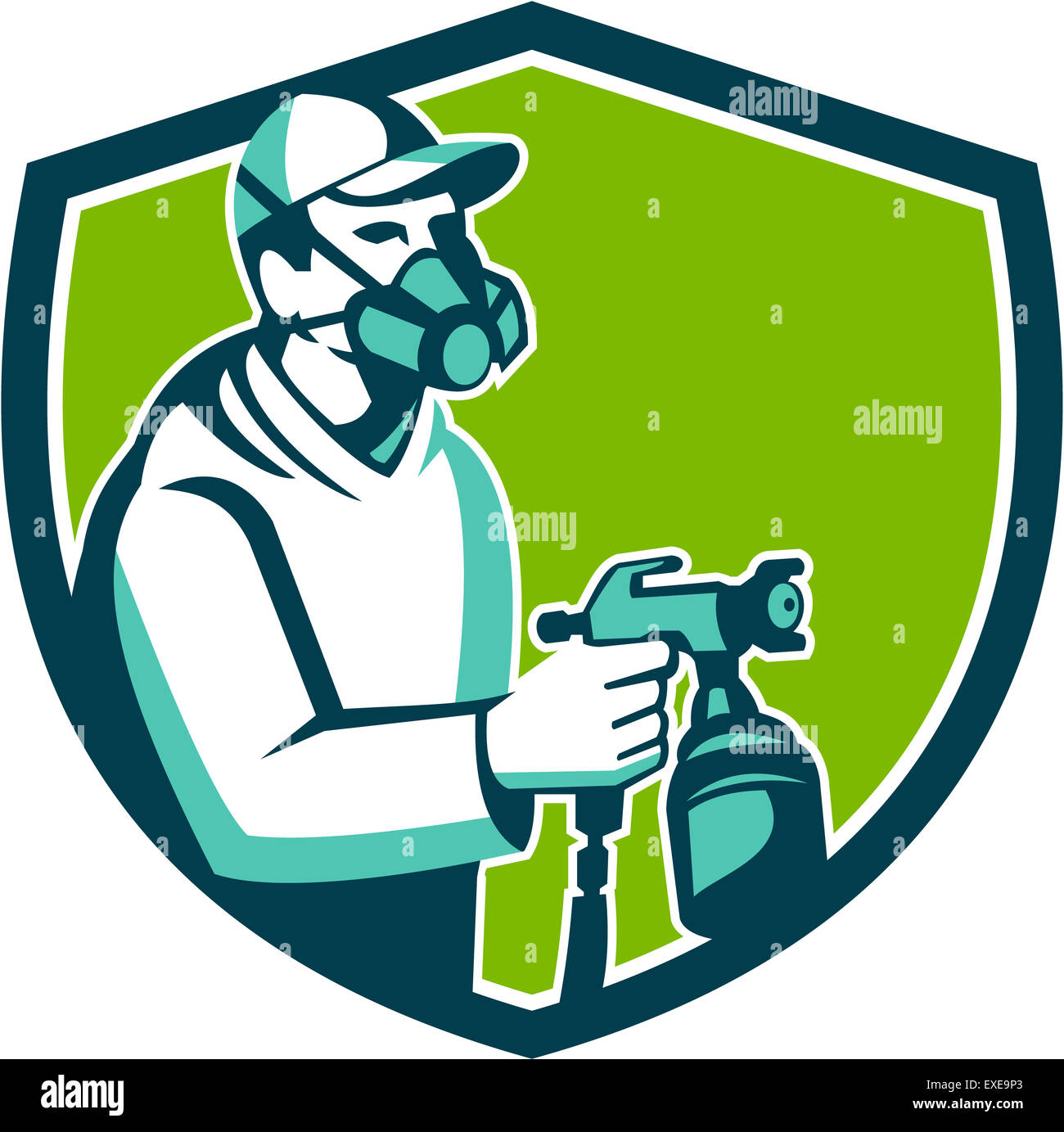 Illustration of car painter wearing face mask holding paint spray gun ...