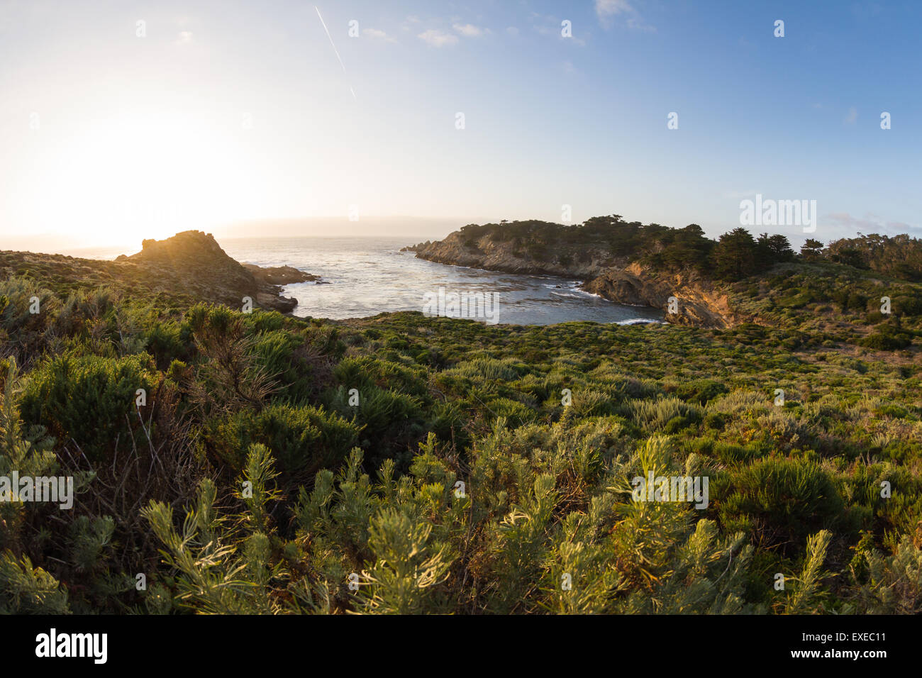 protected cove in the California coast lit by the setting sun for ...