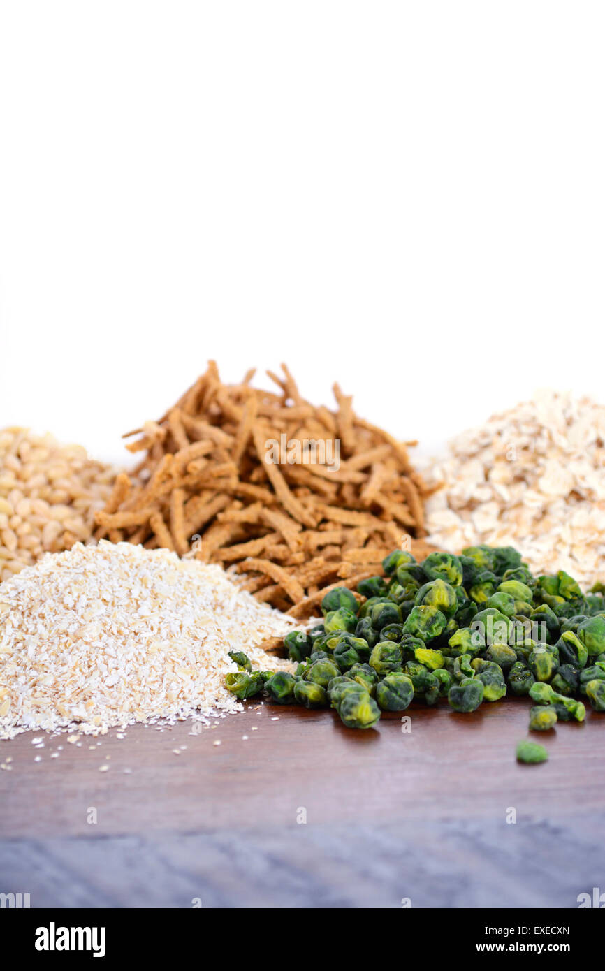 Stack of Healthy High Fiber Prebiotic Grains including wheat bran ...
