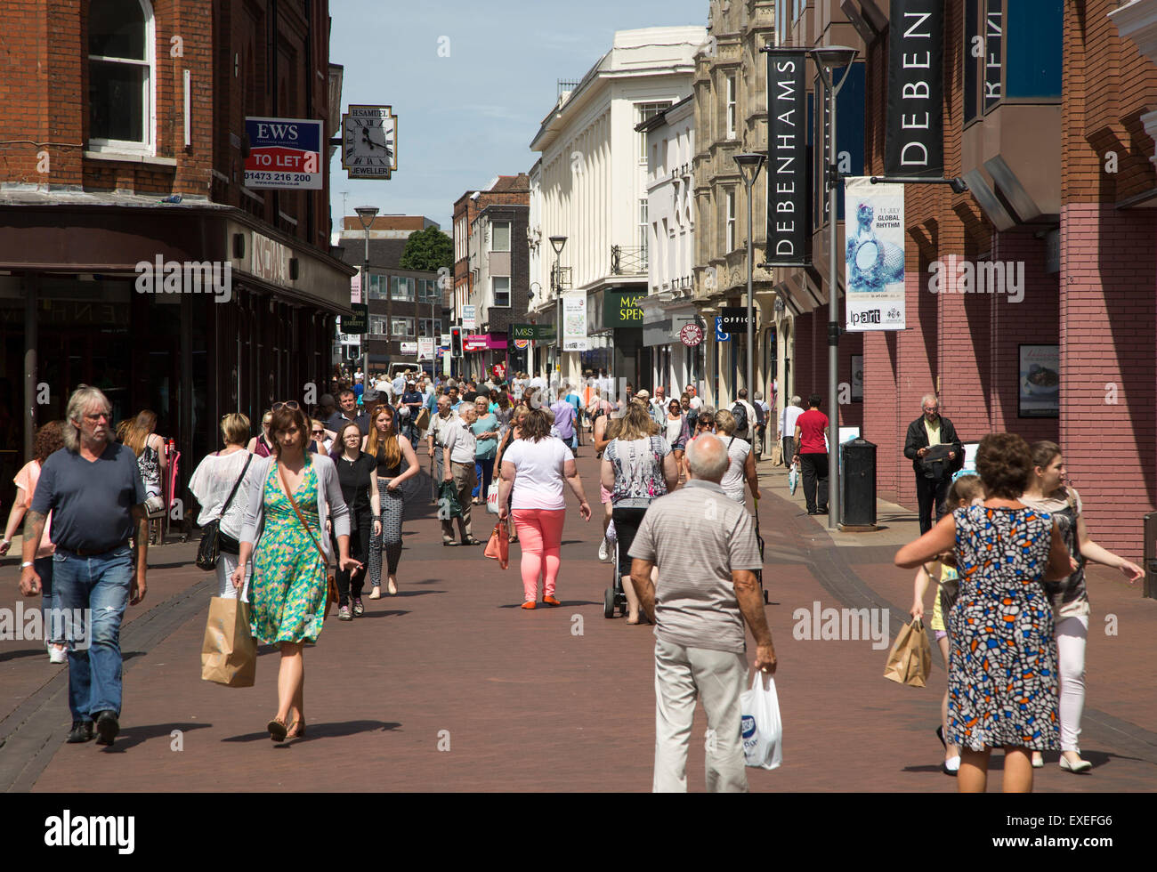 Shoppers in town centre pedestrianised area, Ipswich, Suffolk, England ...