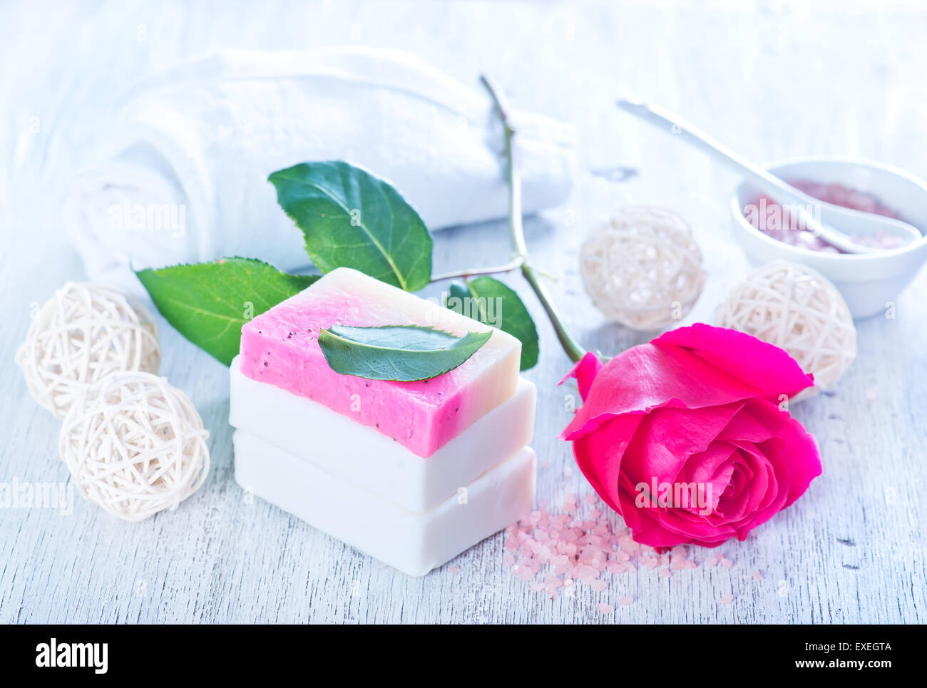 aroma soap and rose on a table Stock Photo - Alamy
