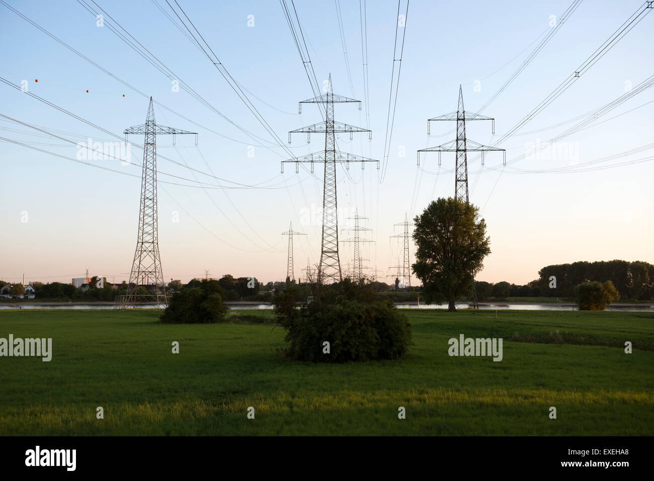 High-voltage electricity cables crossing the river Rhine, Rheindorf ...