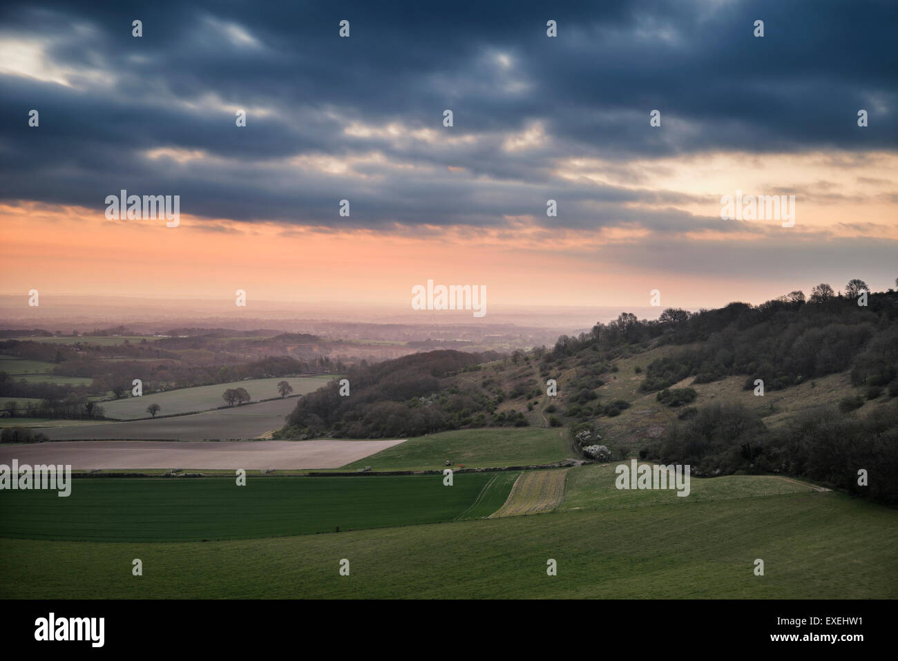 Stunning Spring sunrise over English countryside landscape escarpment ...