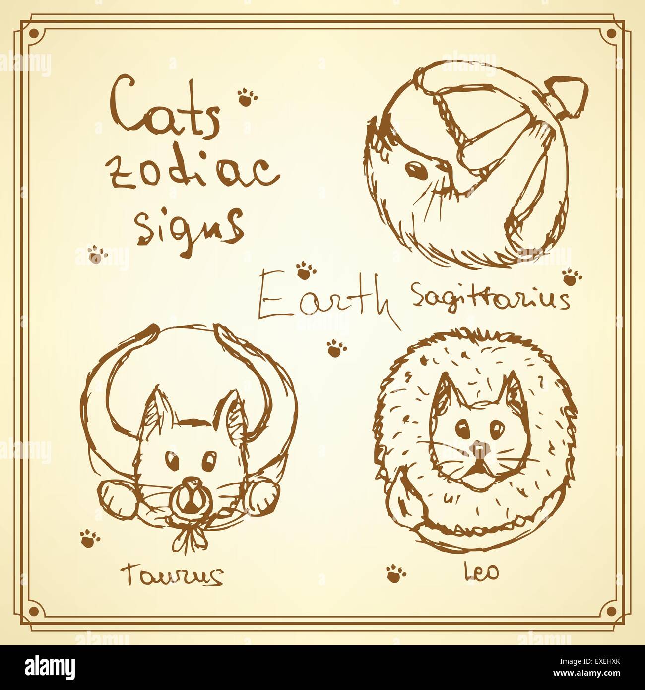 Sketch cats zodiac signs in vintage style, vector earth symbols Stock ...