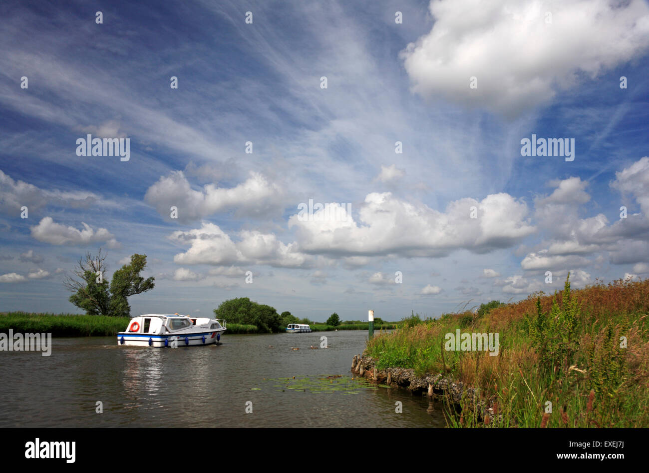 A view of a boat cruising on the River Bure on the Norfolk Broads near ...