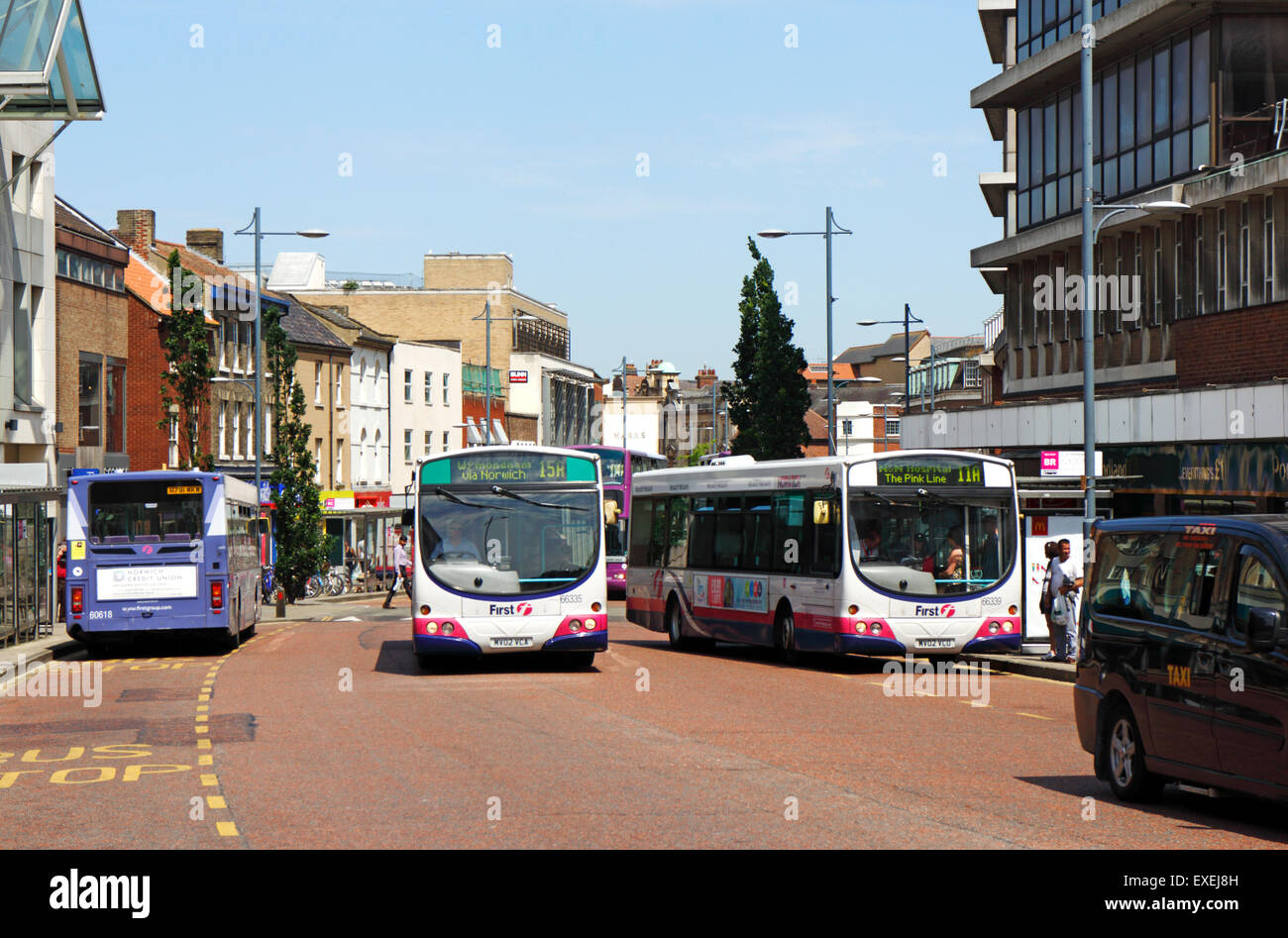 A view of heavy public transport in the centre of the City of Norwich ...