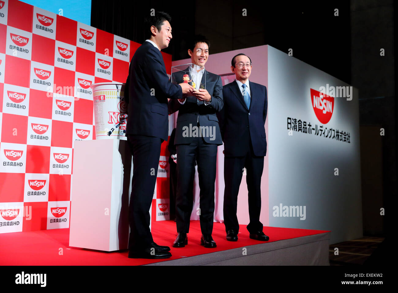 Tokyo, Japan. 13th July, 2015. (L-R) Noritaka Ando, Kei Nishikori, Koki ...