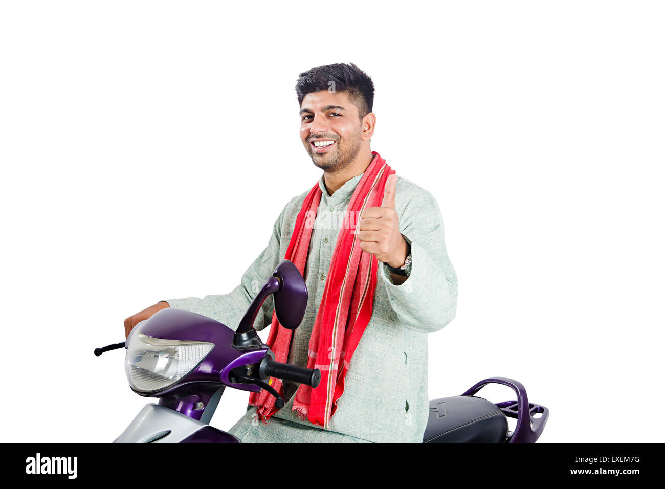 1 indian Rural Farmer man sitting Scooty Thumbs Up showing Stock Photo ...