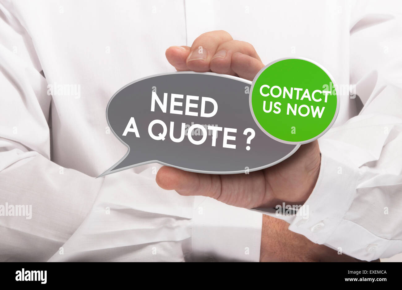 Man hand holding a bubble shaped sign where it is written need a quote ...