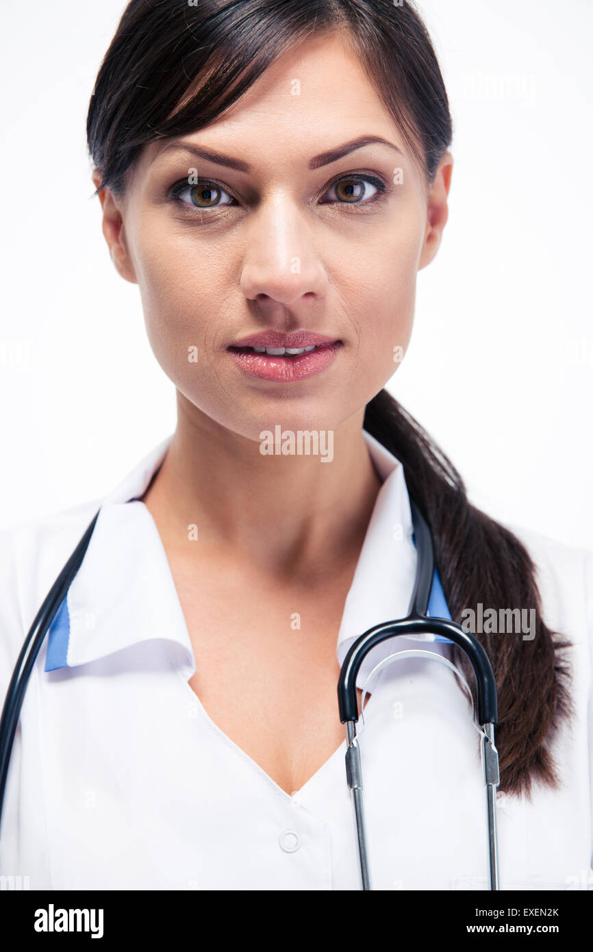 Closeup portrait of female medical doctor isolated on a white ...