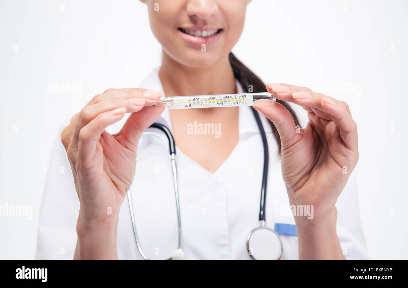 Closeup portrait of a clinical thermometer in doctor's hands isolated ...