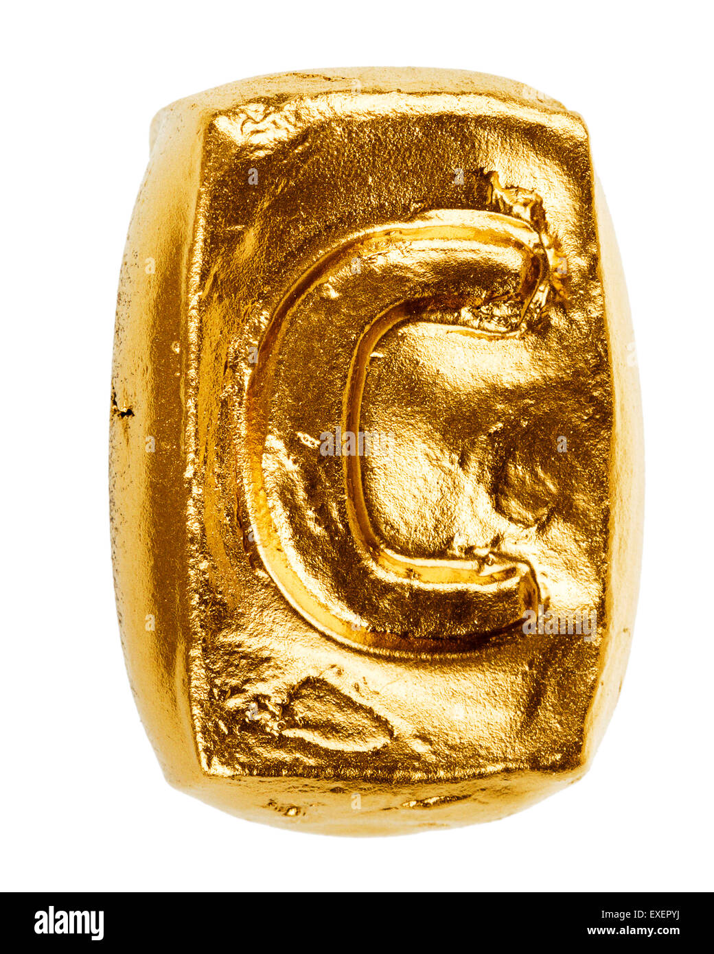 Handmade ceramic letter painted in gold cutout on white background ...