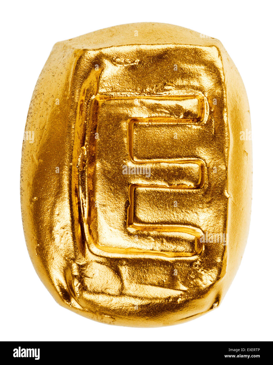 Handmade ceramic letter painted in gold cutout on white background ...