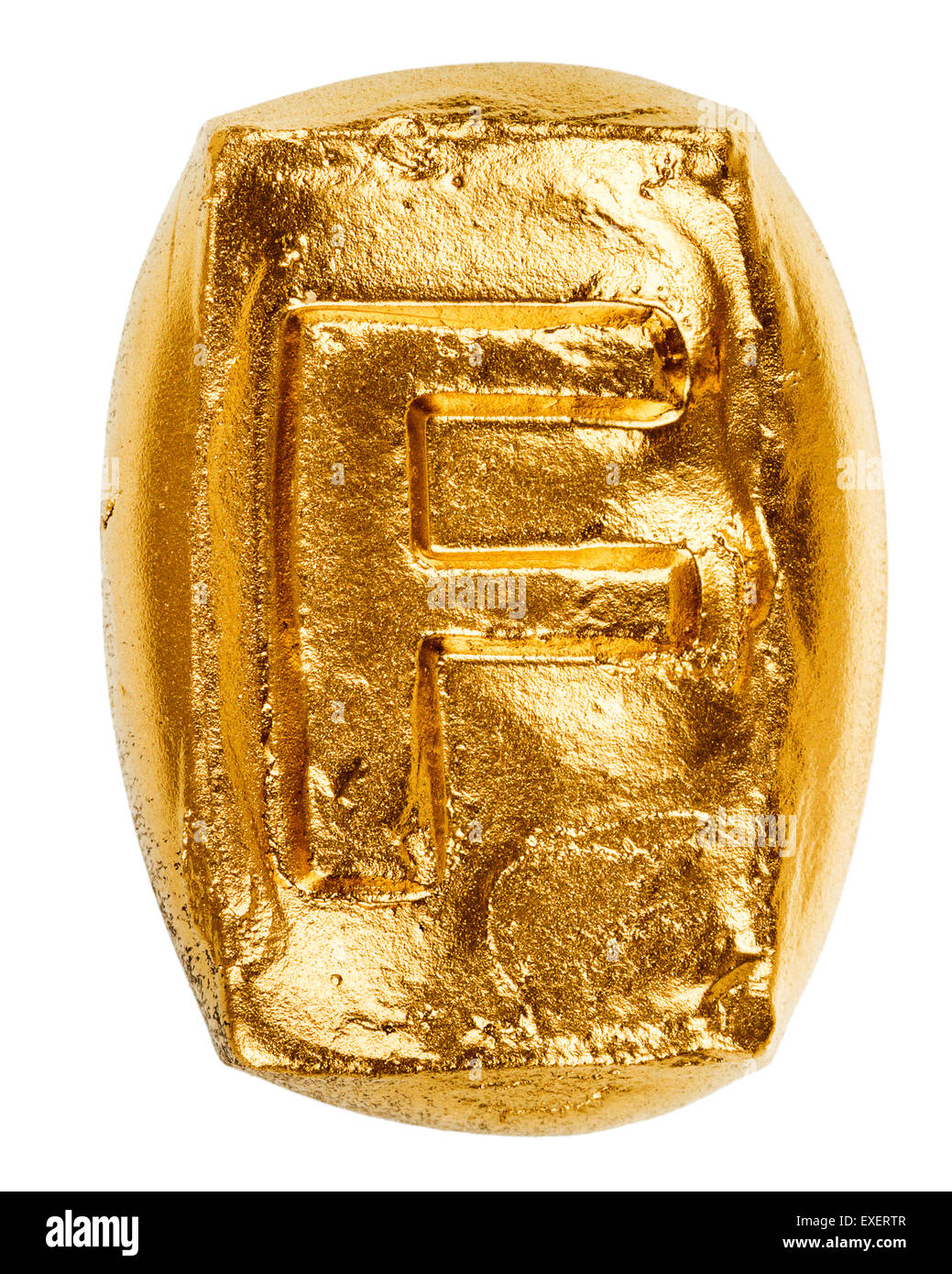 Handmade ceramic letter painted in gold cutout on white background ...