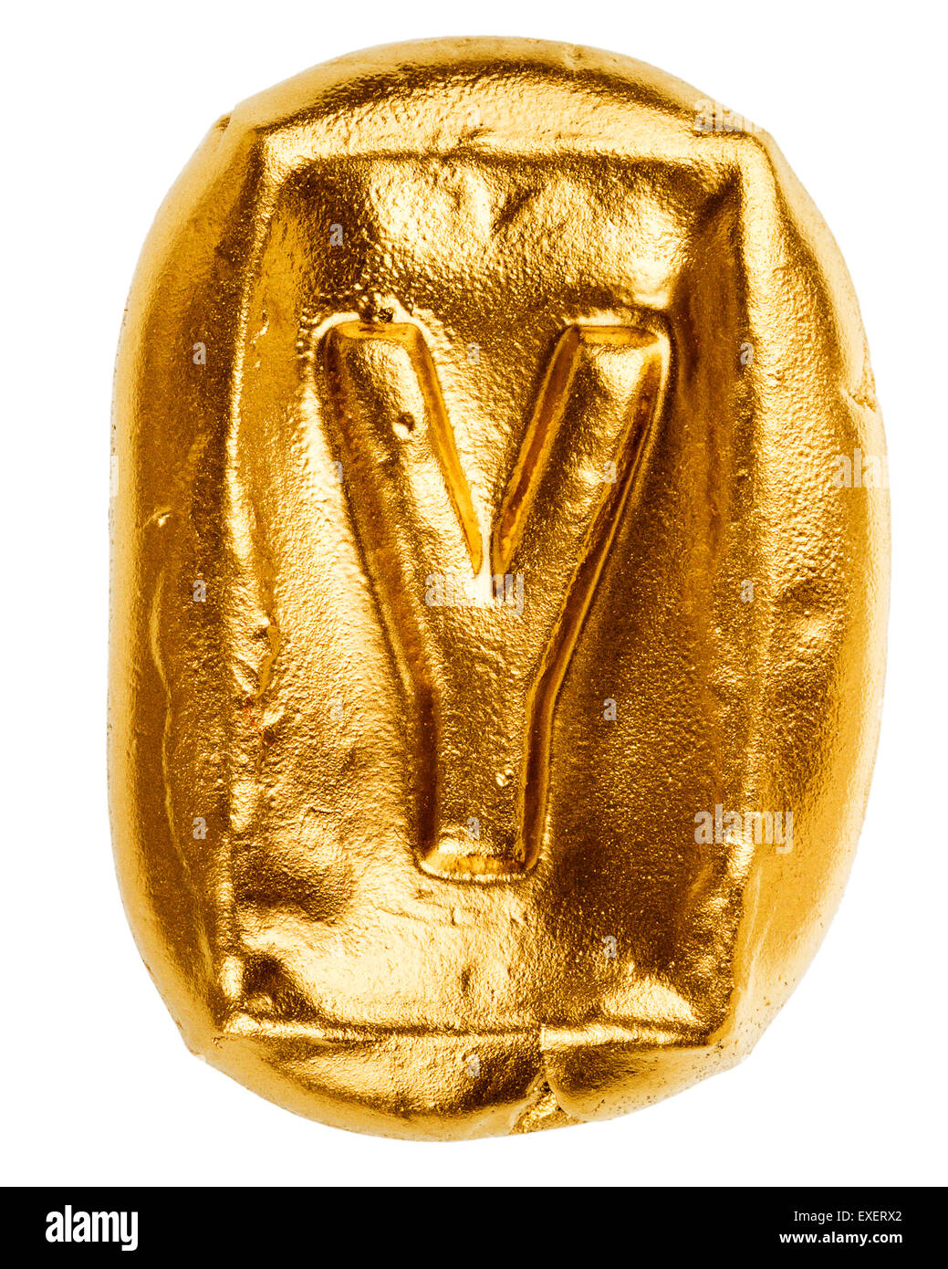 Handmade ceramic letter painted in gold cutout on white background ...