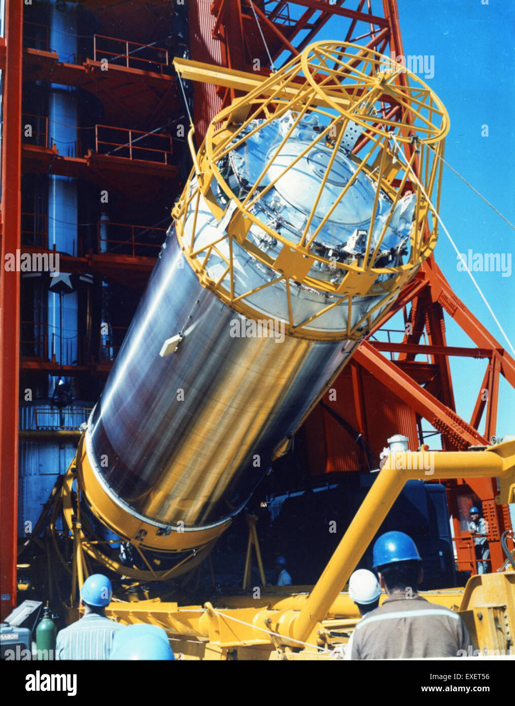This image shows the Atlas Centaur C-2 rocket being prepared for launch ...