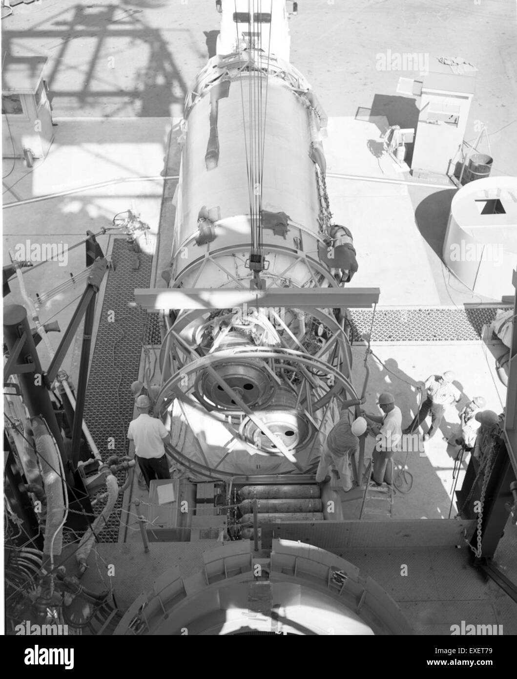 This image shows details of the Atlas Centaur C-1 during its erection ...