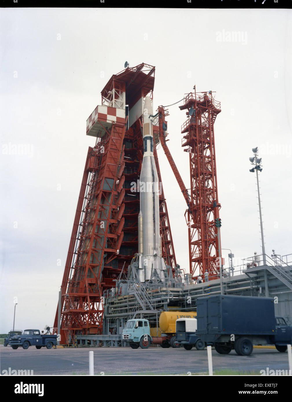 Photograph of the Atlas-Agena rocket on the launch pad with its ...