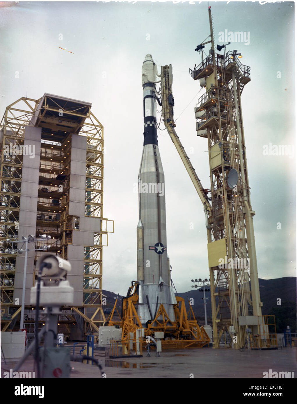 This image details the setup of the Atlas-Agena rocket on its launch ...