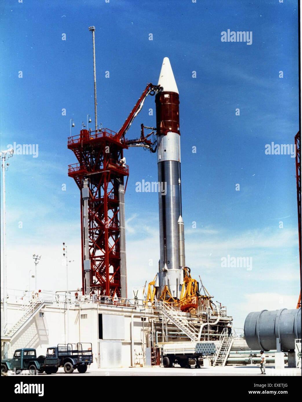 This image shows the Atlas-Centaur rocket on the launch pad, shortly ...