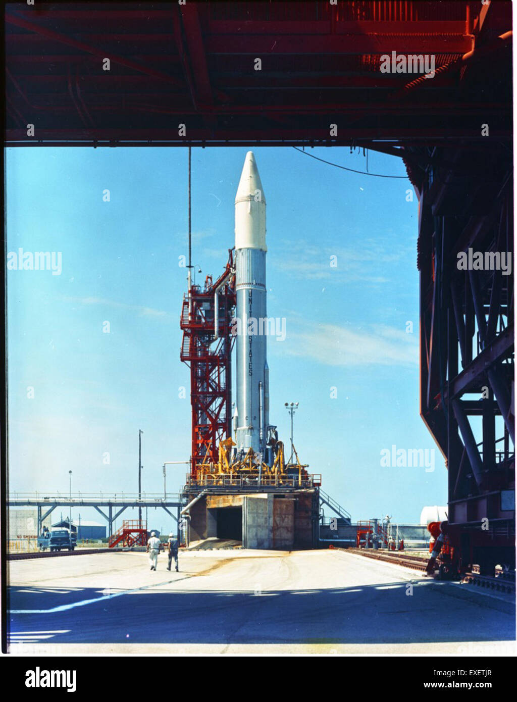 This image shows the Atlas-Centaur rocket on its launch pad, a crucial ...