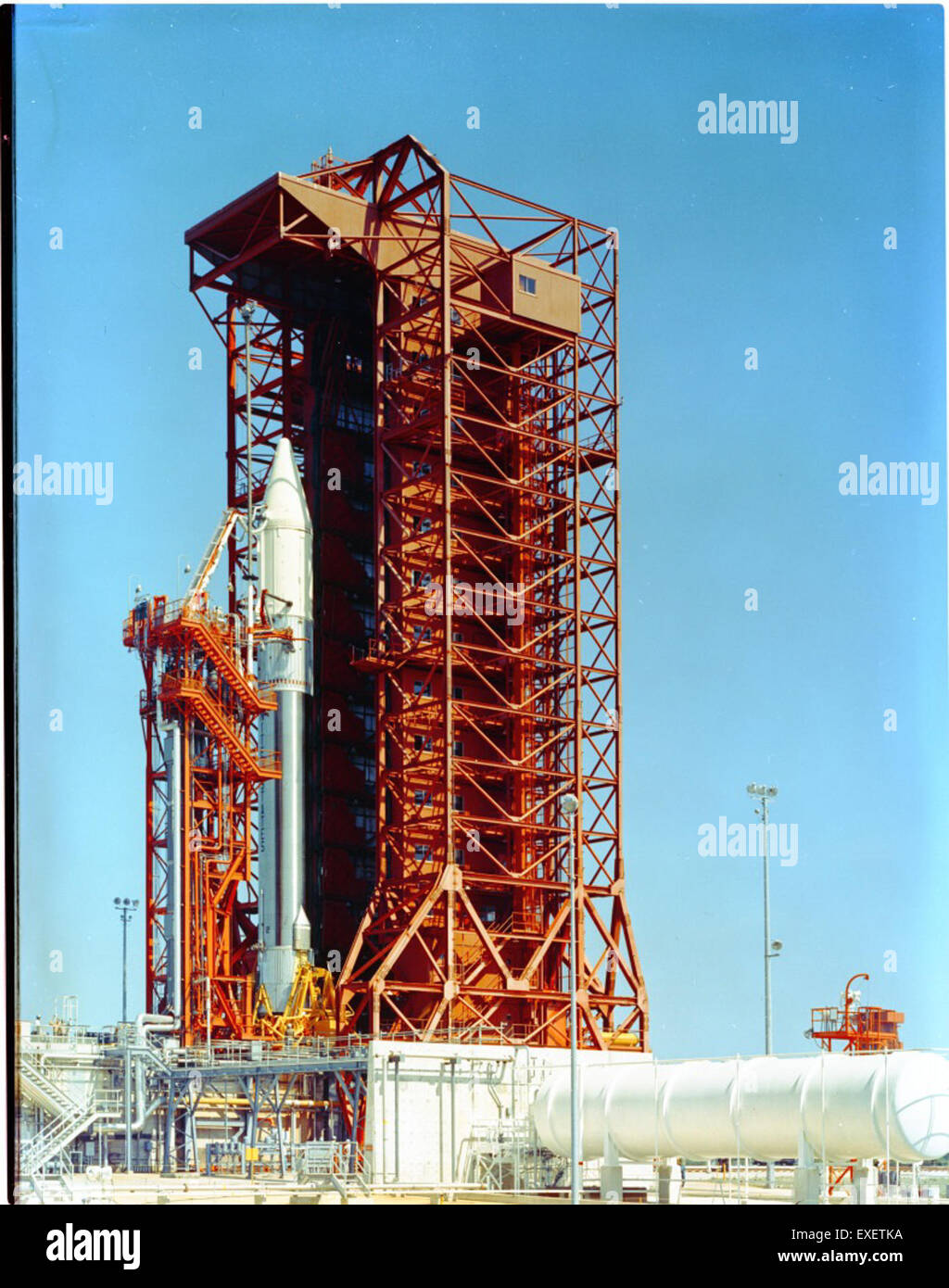This image depicts the Atlas-Centaur rocket on the launch pad, ready ...