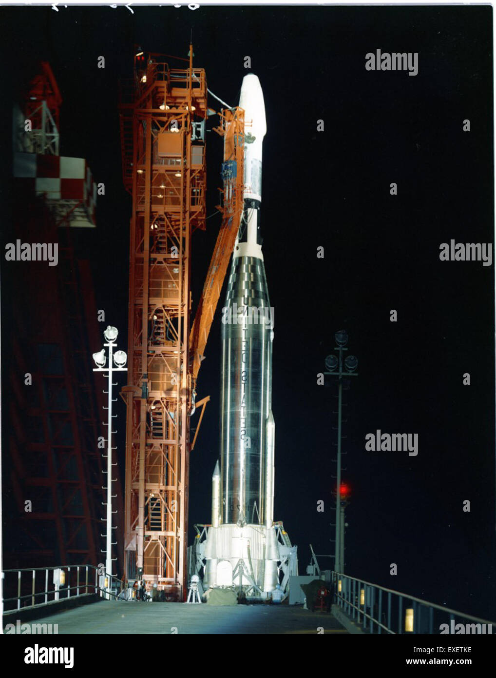 This image shows the Atlas-Agena launch vehicle on the launch pad ...