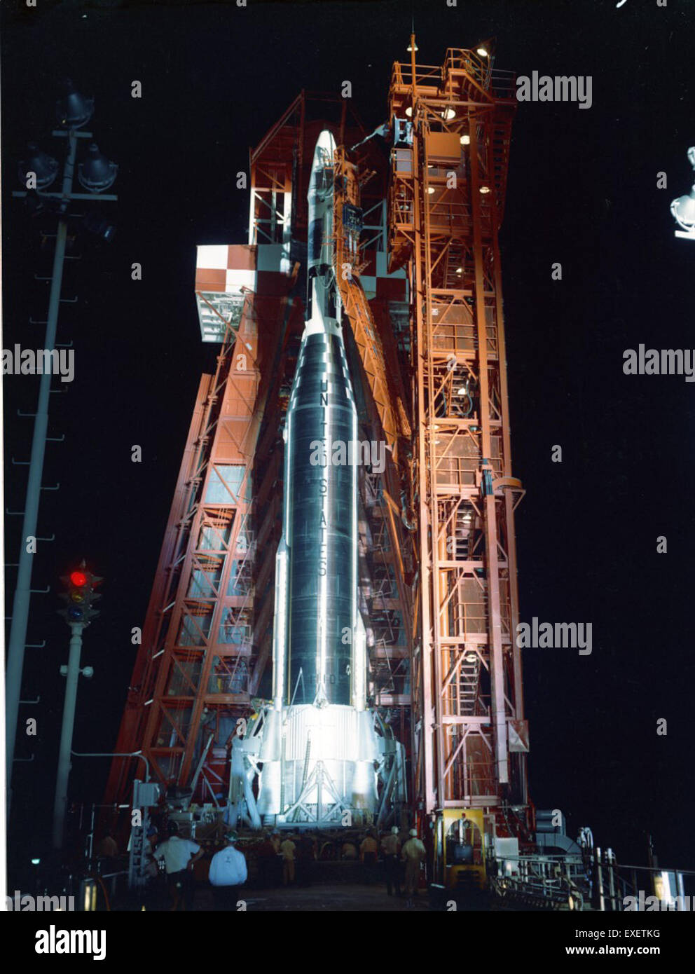 This image captures the Atlas-Agena rocket with the Ranger 1 spacecraft ...